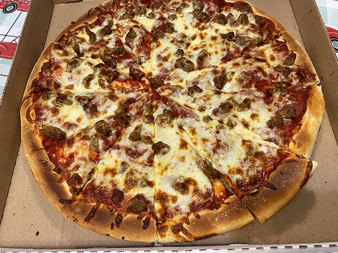 A symphony of sausage and cheese on a golden crust canvas—this isn't just pizza, it's edible artwork for the masses.