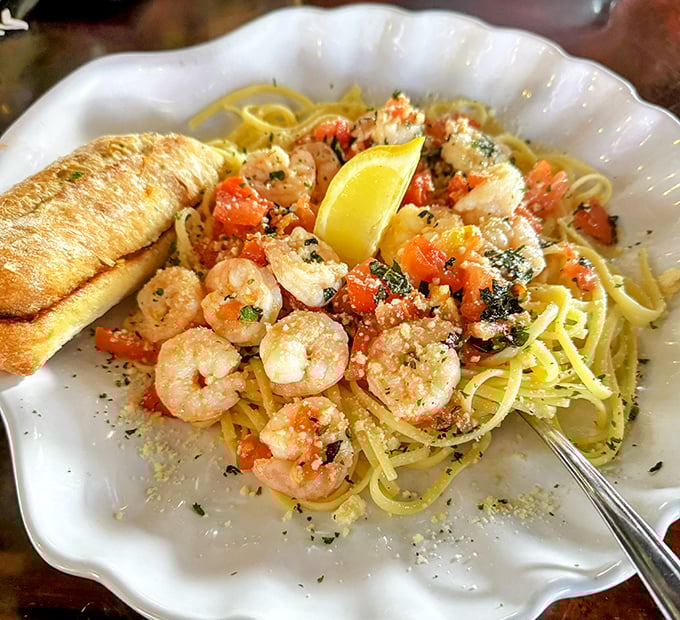 Shrimp scampi that doesn't skimp on the shrimp—a pasta dish that makes you forget you're supposed to be eating light in swimsuit season.