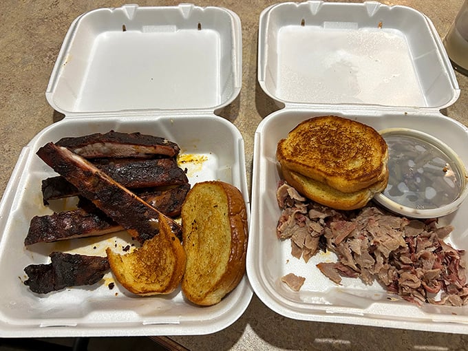 The to-go container that launched a thousand road trips. Two slices of toast, because someone understood that sauce this good deserves a proper vehicle.