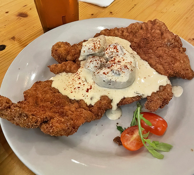 Schnitzel perfection: golden-brown, crispy exterior giving way to tender meat, all swimming in creamy sauce. Diet plans come here to die gloriously.
