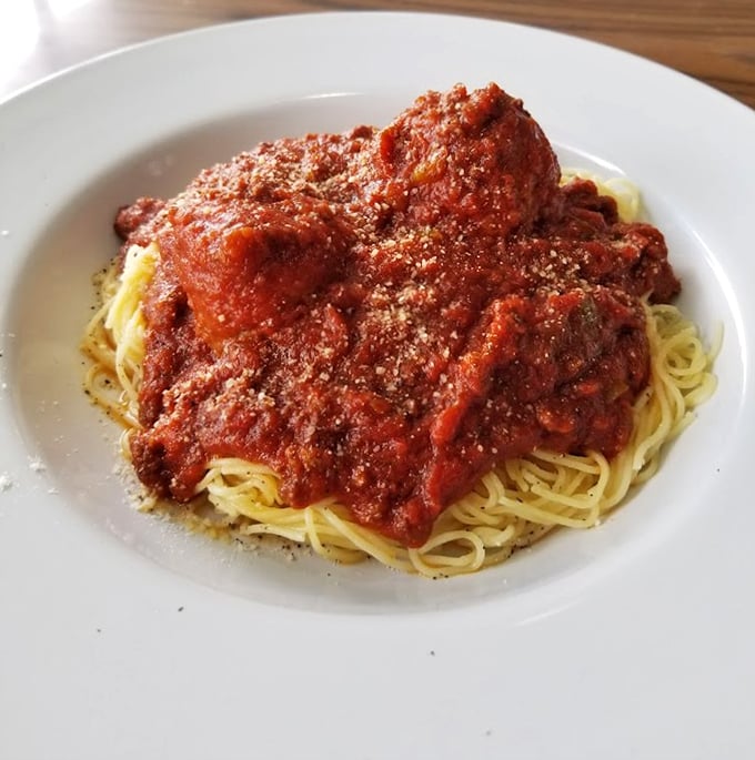 Spaghetti and meatballs might seem basic until you see this plate—where "hearty" isn't just a description, it's a philosophy.