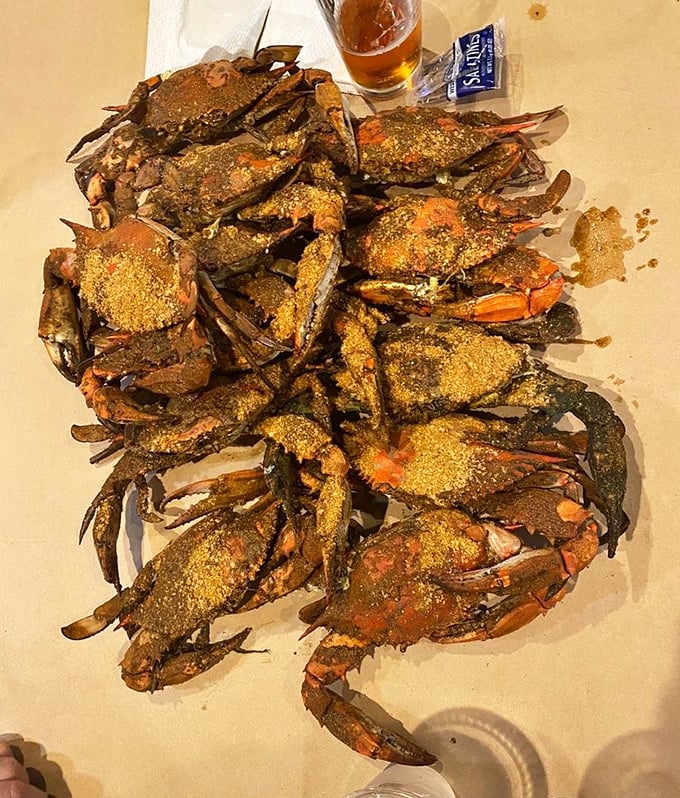 A mountain of Maryland's finest, wearing Old Bay like it's their Sunday best – pure Chesapeake poetry.