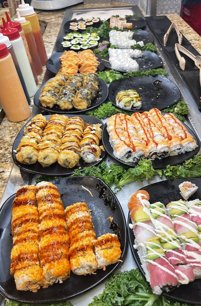 Sushi that defies buffet expectations – fresh, colorful, and arranged with care. No sad, dried-out rolls here, folks.