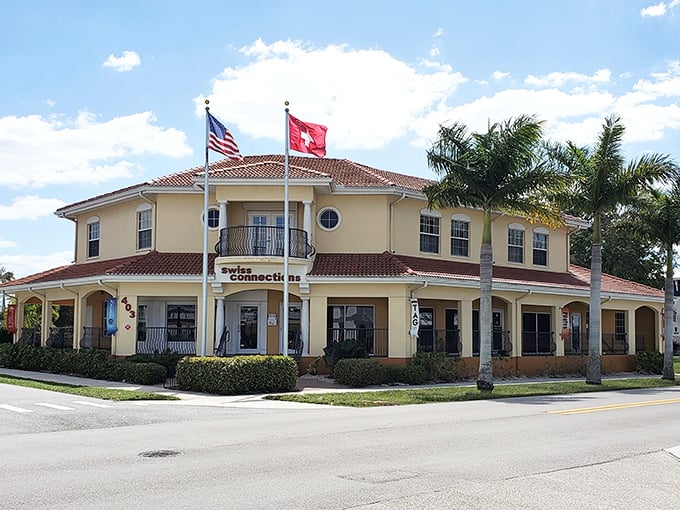 The Swiss Connection building flies both American and Swiss flags, proving that neutrality pairs perfectly with Southern hospitality and possibly chocolate.