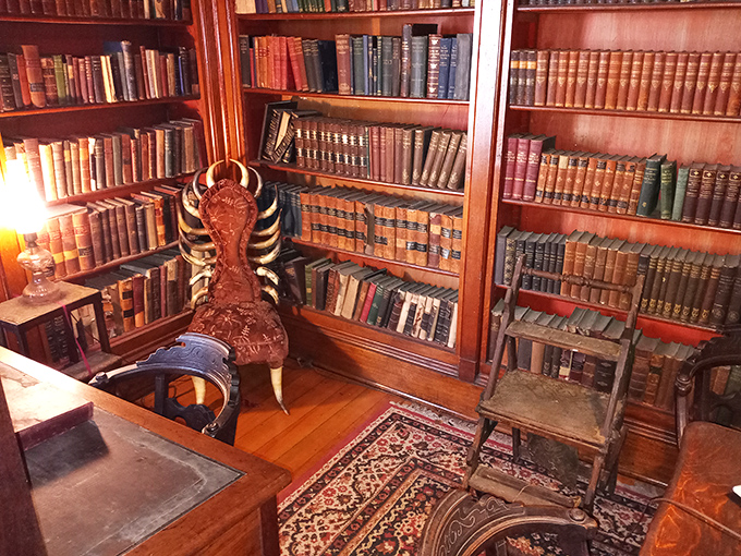 A bibliophile's paradise where leather-bound books line floor-to-ceiling shelves. That chair isn't just furniture—it's a time machine to literary adventures.
