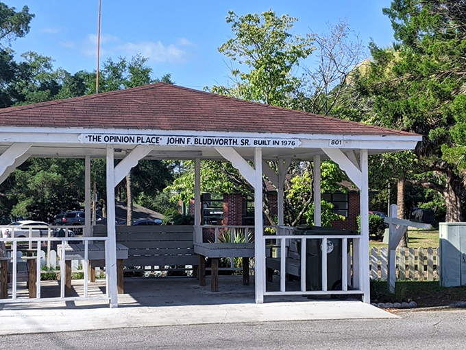 "The Opinion Place" gazebo—where small-town debates have unfolded for generations. Democracy in action, with better seating arrangements.
