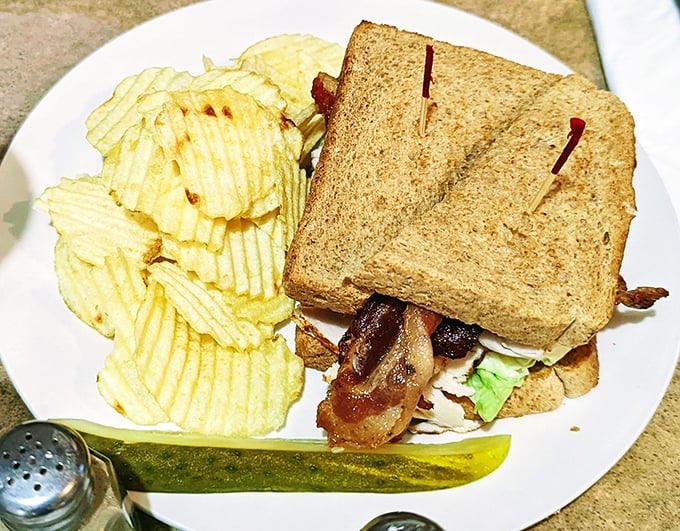The club sandwich—architecture you can eat! Layers of turkey and bacon between toast triangles, with chips standing guard like crunchy sentinels.