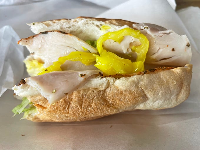 The famous turkey sub in all its glory – layers of thinly sliced turkey with banana peppers that add just the right zing.