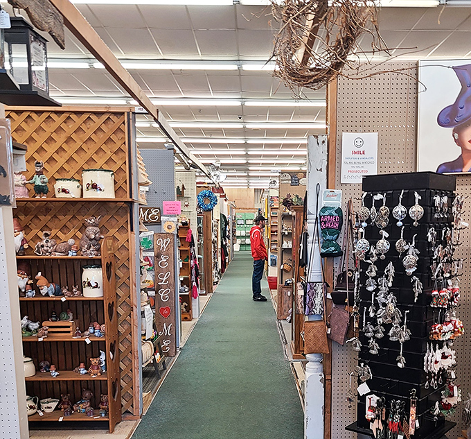 Wooden shelves lined with whimsical decorations and home accents create narrow corridors of discovery where time seems to stand still.