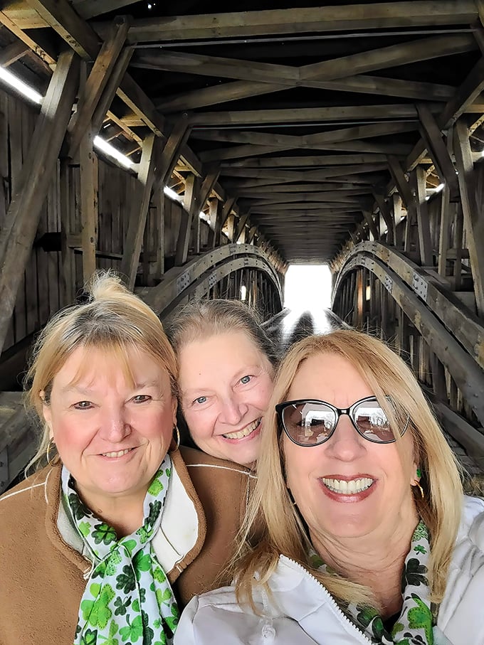 The interior of the bridge provides a perfect backdrop for creating memories with friends, its wooden beams framing both smiles and stories.