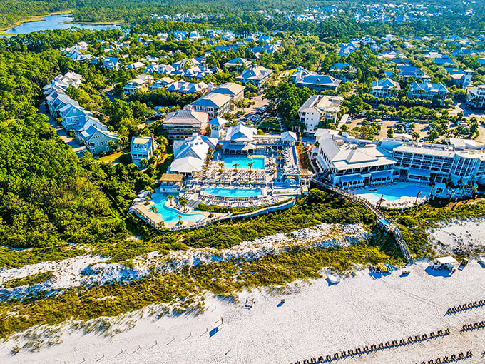 WaterColor Beach Club proves that "resort pool" and "architectural masterpiece" aren't mutually exclusive concepts. I'd frame this view if I couldn't visit it.