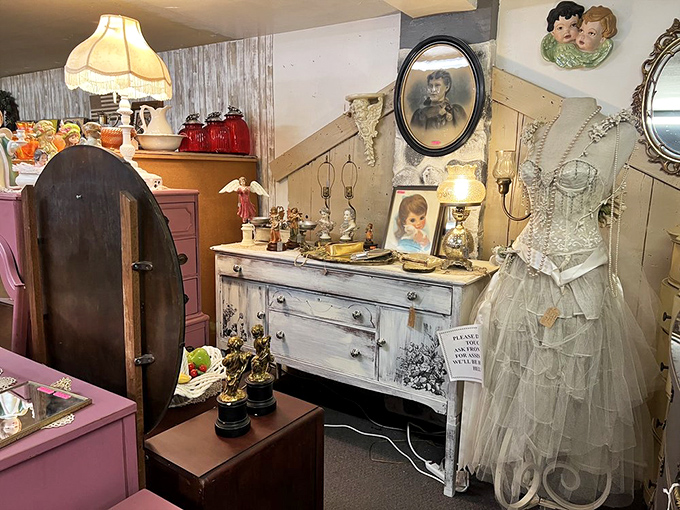 Not just a wedding dress, but a time capsule of elegance. Someone said "I do" surrounded by these pearls and lace – now it waits for a new story.