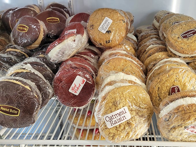 These whoopie pies aren't just cookies—they're edible hockey pucks of happiness, lined up like soldiers in a delicious army.