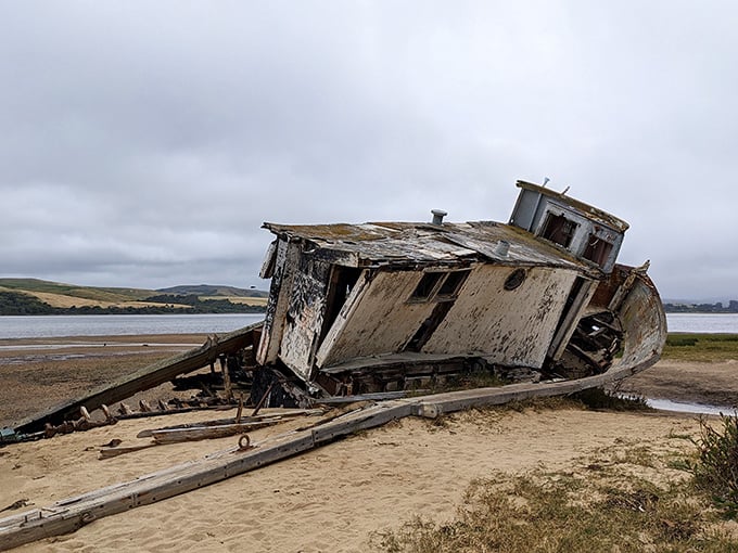 Even in overcast skies, the shipwreck maintains its dignified decay. Like an aging movie star, somehow more interesting with every line and wrinkle.