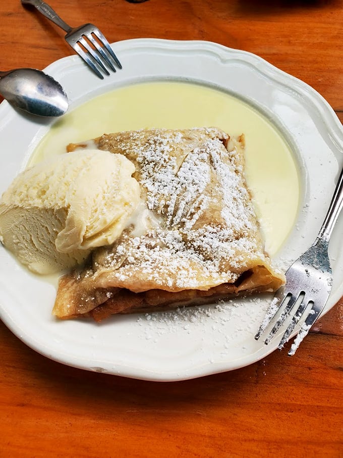 This apple strudel isn't just dessert, it's edible architecture—layers of flaky pastry, cinnamon-kissed apples, and vanilla ice cream melting into creamy submission.