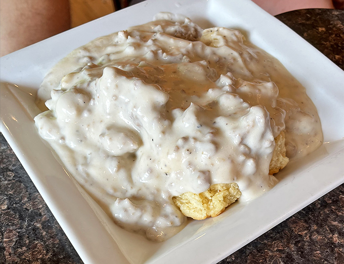 Biscuits and gravy that would make your grandmother both jealous and proud. Cloud-like biscuits practically floating in savory gravy – resistance is futile.