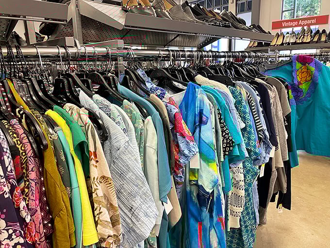 A kaleidoscope of patterns and colors, the blouse section is where 1970s flower power meets 1990s minimalism in a fabric time machine.
