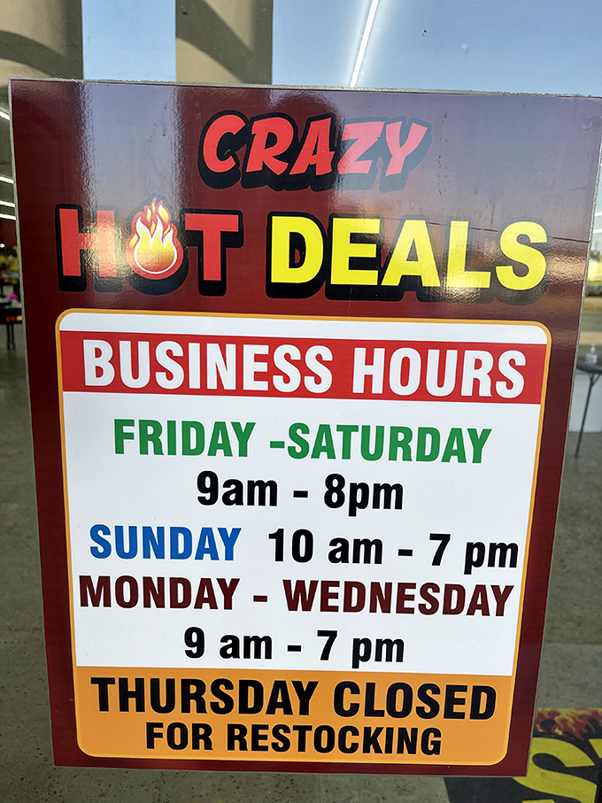 The store's business hours read like a countdown to savings—each day bringing lower prices until Thursday's reset button.