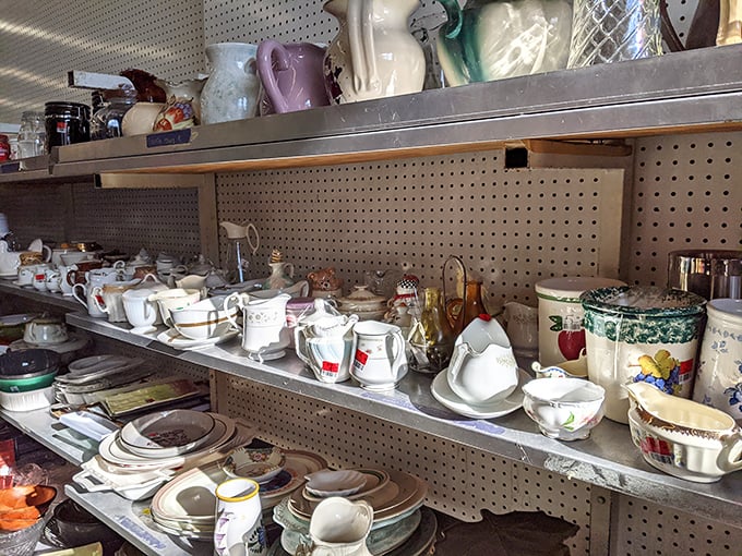Teacups and saucers living their second act – where your grandmother's china pattern mingles with pieces that could tell stories of decades of family dinners.