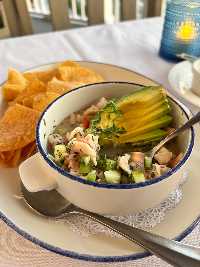 This ceviche isn't just fresh—it's practically still introducing itself to the avocado while the tortilla chips stand by as eager chaperones.