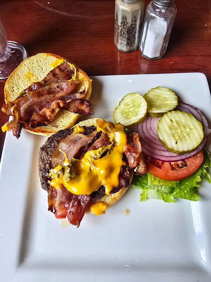 This isn't just a cheeseburger—it's architecture. Layers of melted cheese, bacon, and beef create the Midwestern equivalent of the Taj Mahal.