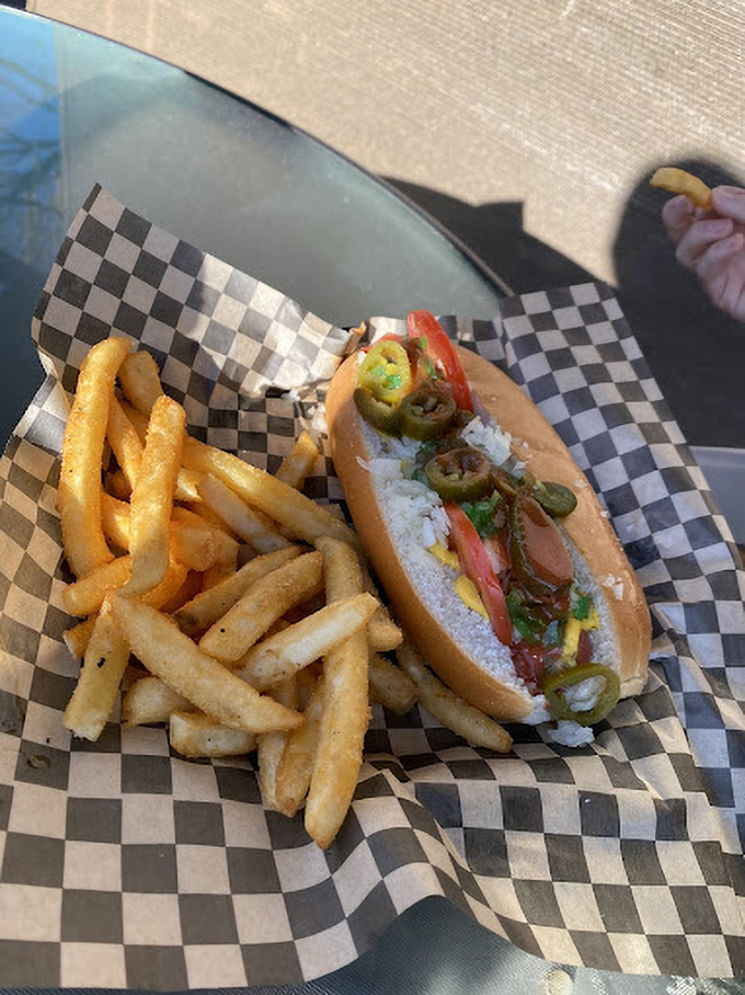 Chicago dogs done right—topped with those neon-green relish jewels that somehow make everything taste like summer vacation.