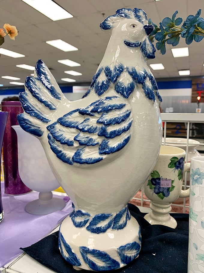 This blue and white ceramic rooster isn't just kitchen decor—it's the conversation starter your dining room has been craving, ready to rule your countertop roost.