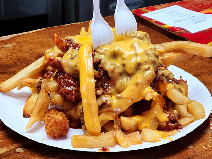 Golden fries drowning in melted cheese and chili create the ultimate comfort food indulgence experience.