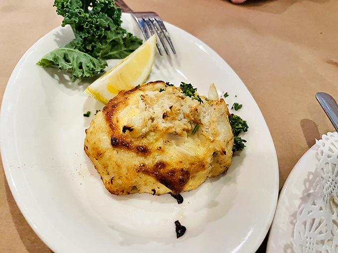 A perfect crab cake should be mostly crab with just enough binding to hold the party together—this golden beauty passes the test with flying colors.