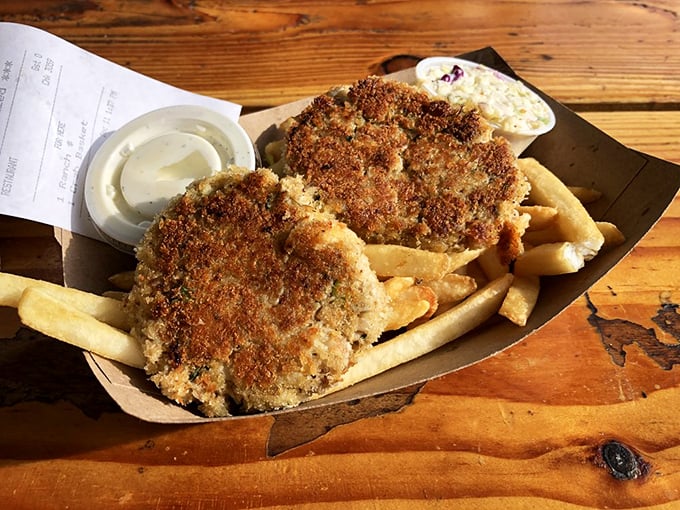 Golden-crusted crab cakes that make the drive worthwhile – crispy exterior giving way to sweet, tender crab meat within.