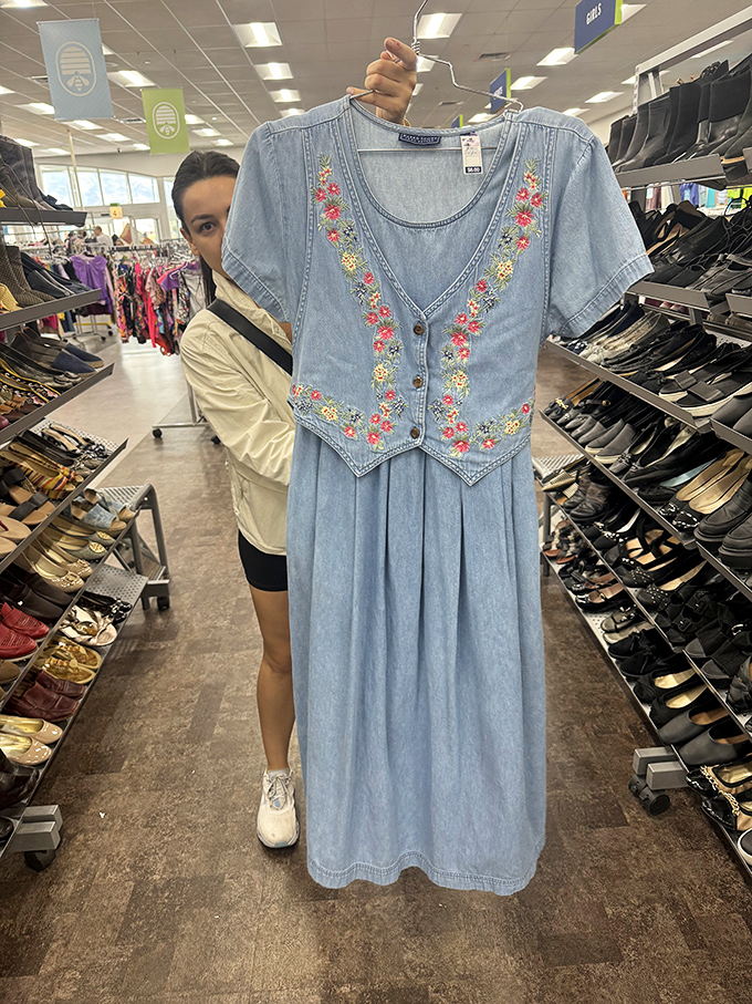 That embroidered denim dress proves that one person's "I'll never wear this again" becomes another's "where has this been all my life?"