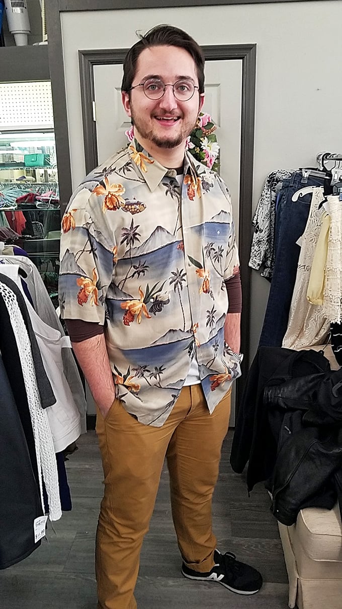 The thrift store fashion runway! This tropical shirt proves that yesterday's castoffs become today's statement pieces with just the right attitude and a bit of thrift store magic.
