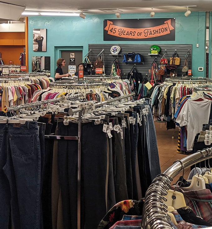 The "45 Years of Fashion" sign tells you this isn't some fly-by-night operation – Buffalo Exchange is the wise elder of sustainable style in Arizona.
