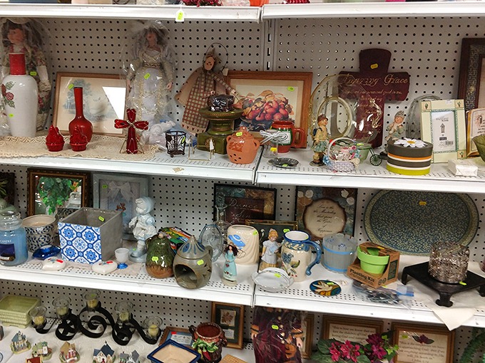 The knickknack shelves at Jubilee are like archaeological digs through American decorating trends—each porcelain figurine and vase a tiny time capsule of someone's former living room.