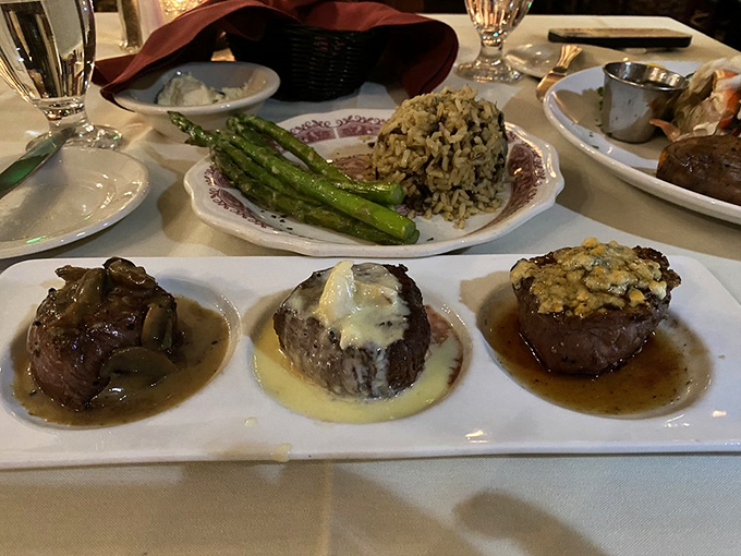The Filet Mignon Trio—three different preparations on one plate. It's like the Avengers of beef, each with its own superpower. 