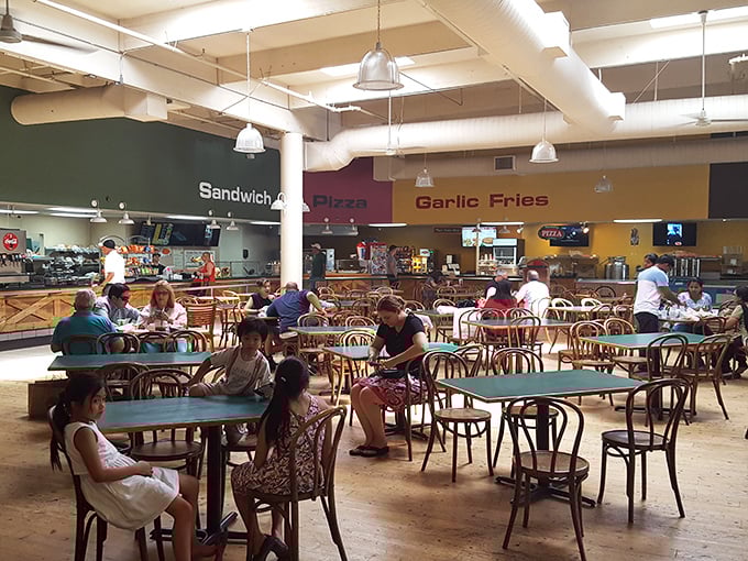 The food court: where shopping warriors refuel. Those garlic fries are a nod to Gilroy's famous crop—and the perfect excuse to buy scented candles afterward.