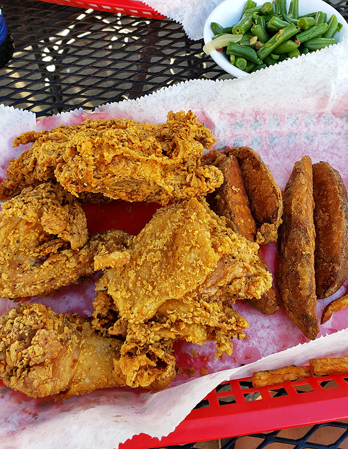 Golden-brown perfection! This fried chicken has the kind of crunch you can hear across the room and juiciness that defies physics.