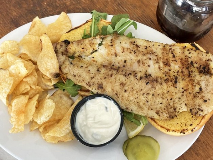 This grilled catfish sandwich isn't trying to be fancy—it's just being its best self. The chips aren't a side; they're loyal companions.