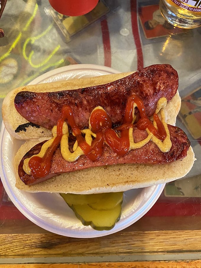 This isn't just any hot dog – it's a canvas of mustard and ketchup artistry atop a perfectly grilled sausage that demands to be savored.