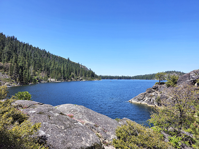 Mother Nature showing off again with this pristine alpine lake. No Instagram filter required – this is pure Sierra Nevada magic.