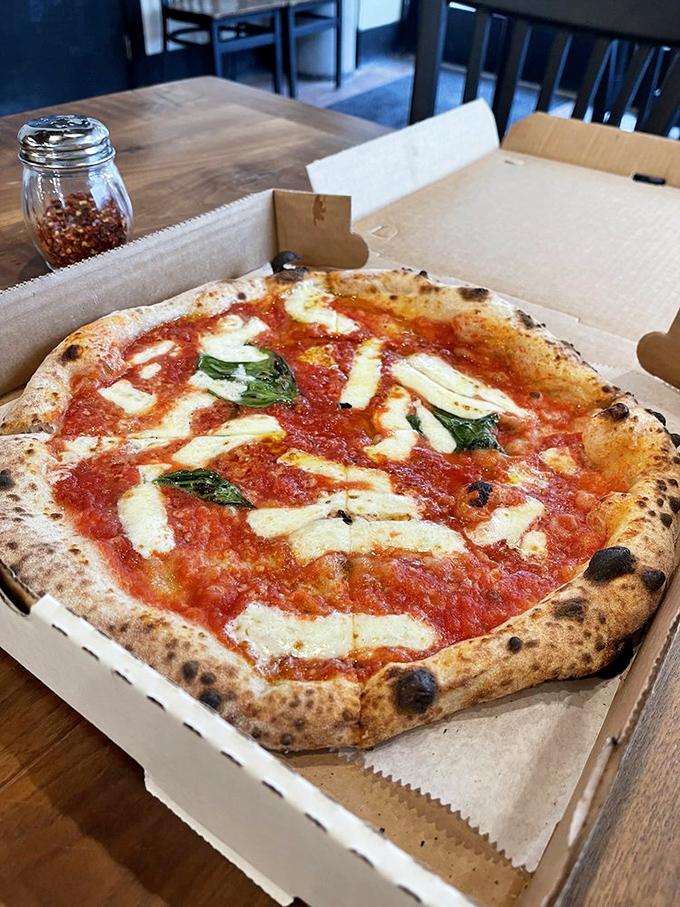 The Margherita pizza in its purest form—San Marzano tomatoes, fresh mozzarella, basil, and that incredible wood-fired crust. Simplicity perfected.