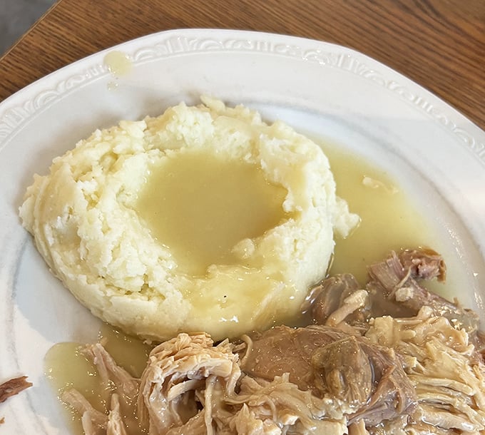 Mashed potatoes cradling a pool of gravy alongside tender roast—proof that sometimes the simplest pleasures are the most profound.