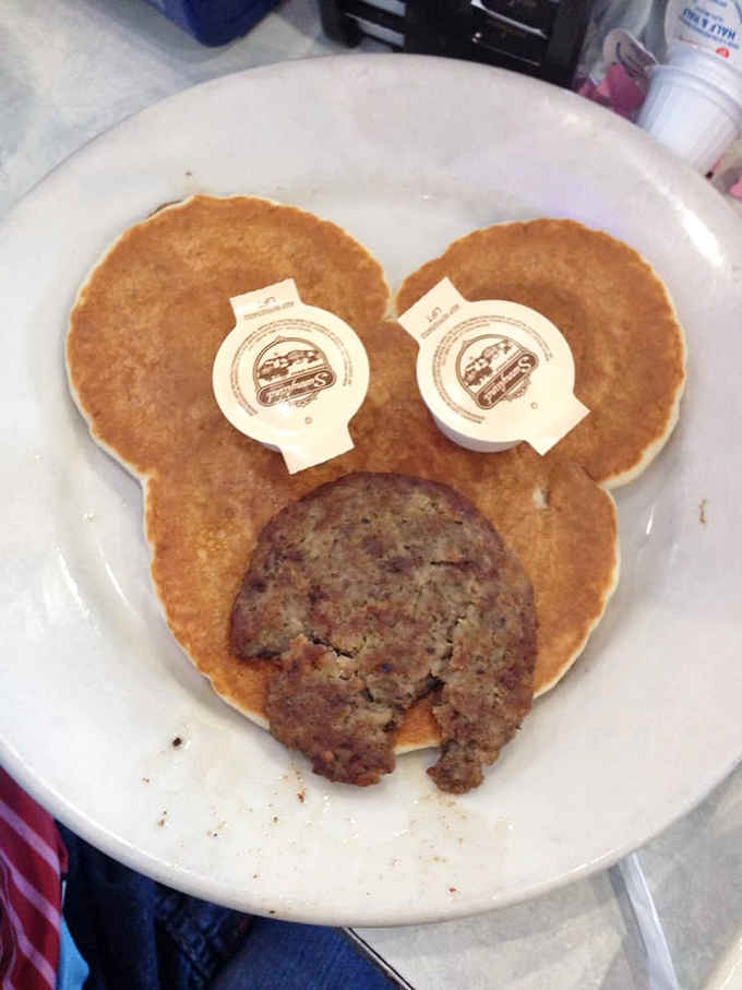 Mickey Mouse meets breakfast! These pancakes with a sausage patty nose prove that playing with your food is sometimes the most delicious form of entertainment.