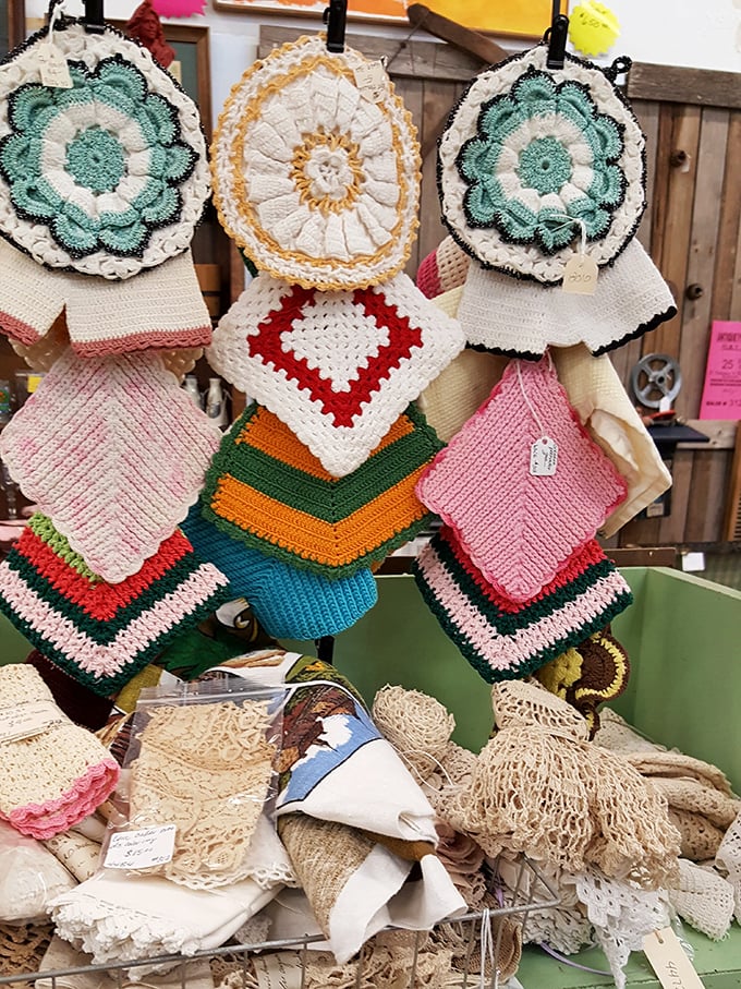 Grandma's kitchen artistry lives on in these handcrafted pot holders. Each stitch tells a story of family dinners and recipes passed through generations.