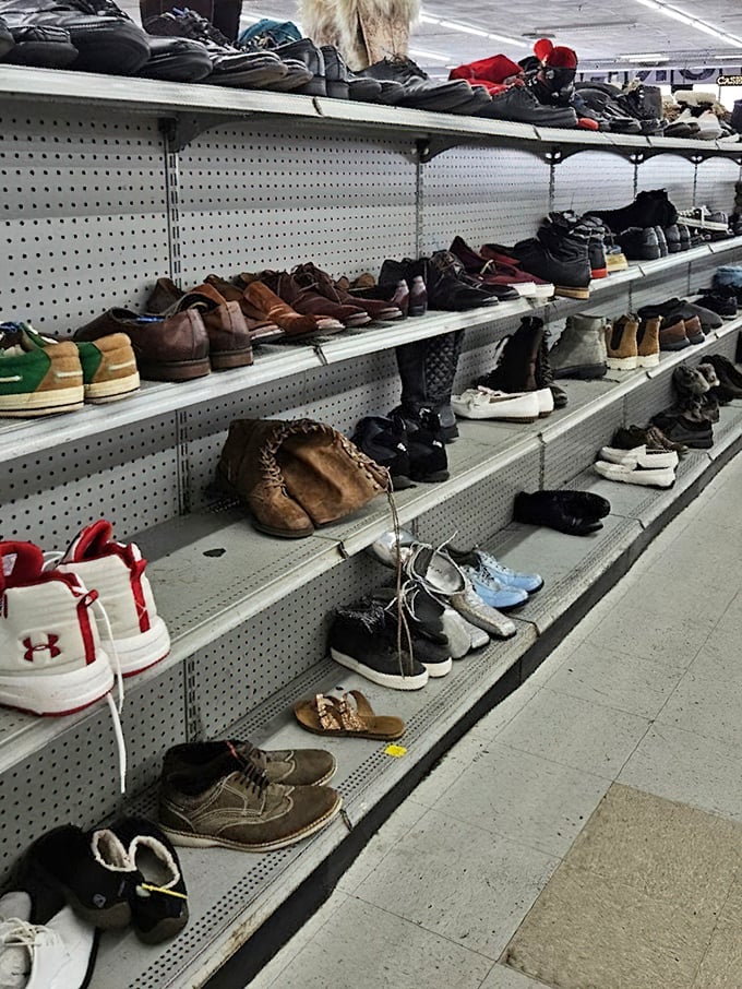 The shoe section—where barely-worn footwear gets its second chance at romance. That pair of leather oxfords is practically whispering your name.