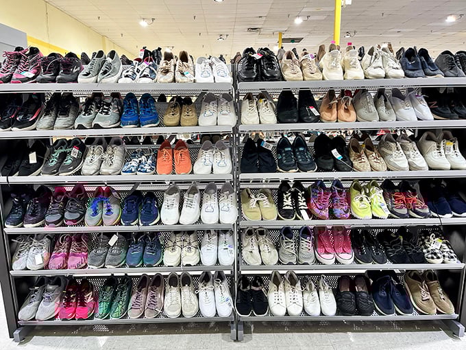 Sneaker heaven organized by size and style. From barely-worn Nikes to vintage Chucks – footwear that tells stories without breaking the bank.