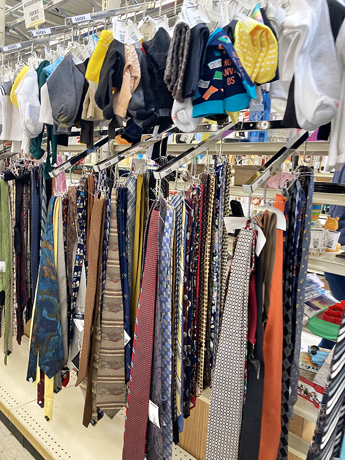 Neckties and caps galore! This colorful collection of forgotten formal wear might contain someone's lucky interview tie or wedding accessory.