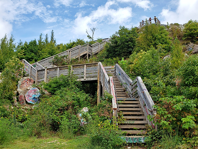 Stairway to a view that makes your knees weak—though that might also be from the climb. These wooden steps lead adventurers to Bell Mountain's famous panoramic vistas.