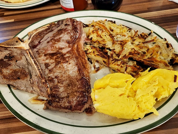 The T-bone steak and eggs—a breakfast of champions or anyone who believes calories don't count before noon.