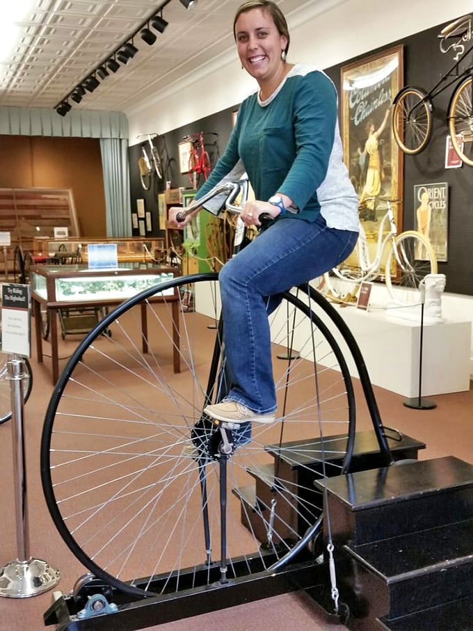 Brave souls can attempt to mount a penny-farthing—just remember that dismounting was once called "taking a header" for very good reasons!